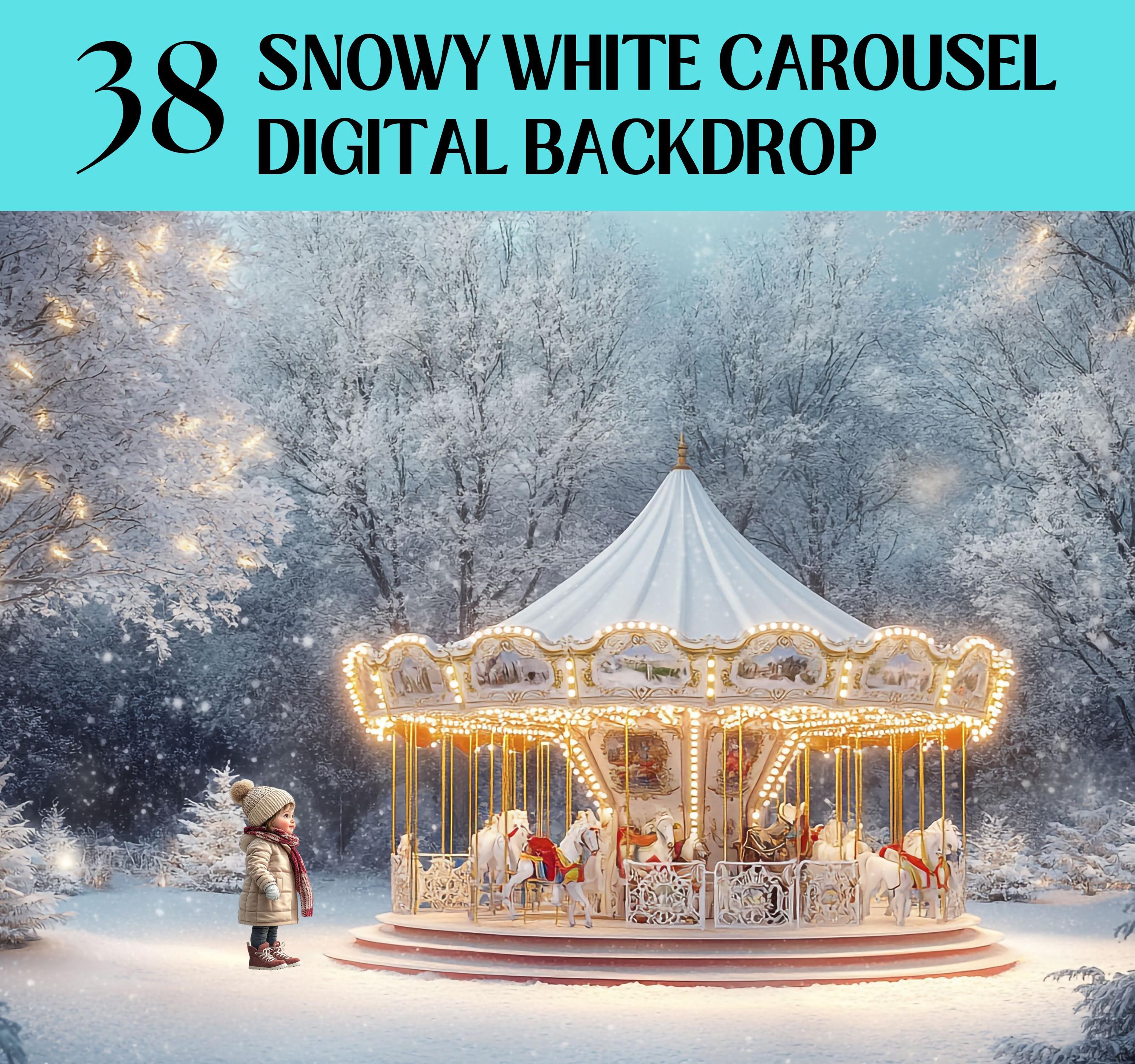 38 White Carousel Digital Backdrop, Snowy Carousel Background ...