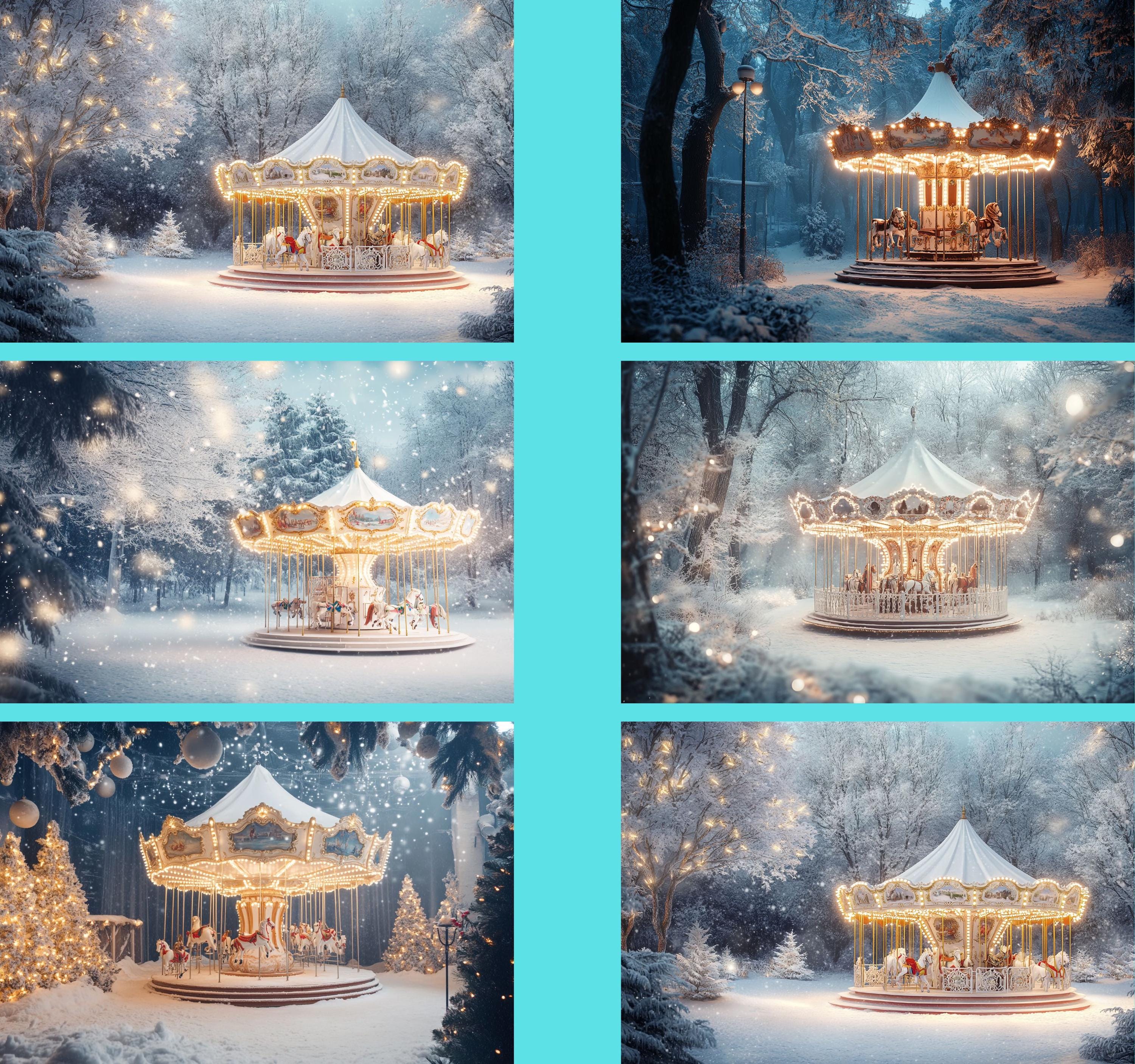 38 White Carousel Digital Backdrop, Snowy Carousel Background ...