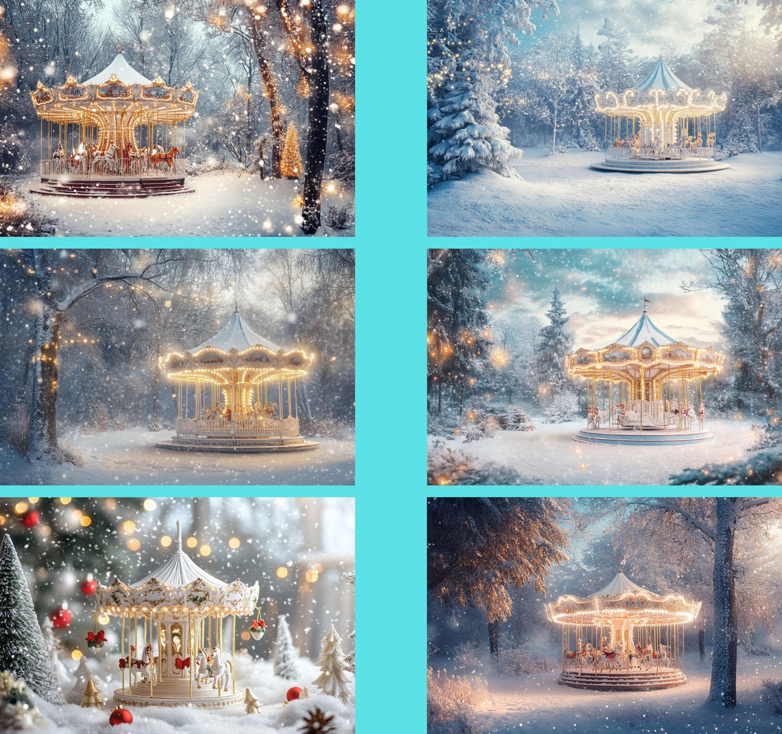 38 White Carousel Digital Backdrop, Snowy Carousel Background ...