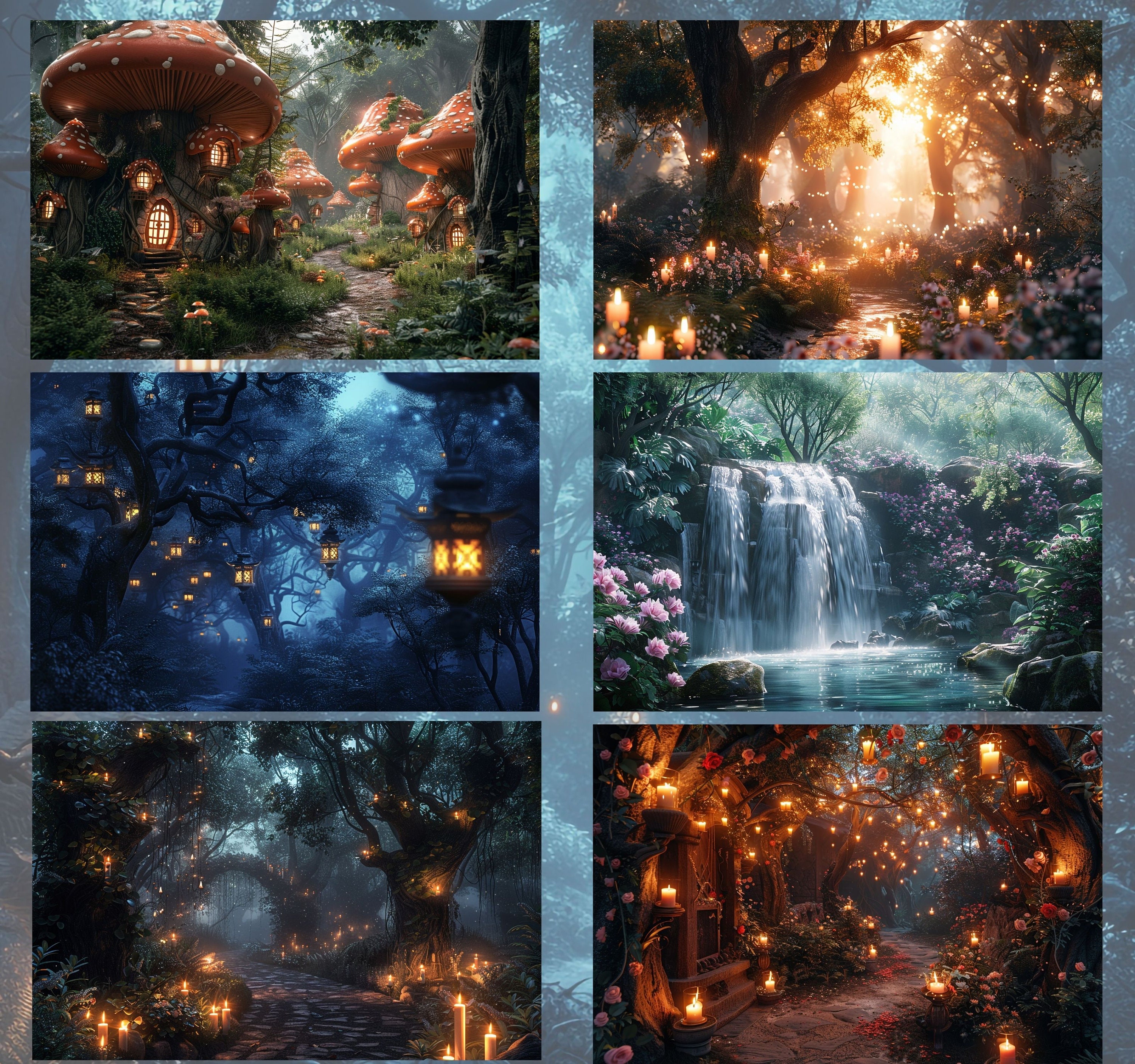 50 Enchanted Forest Digital Background, Mushroom Houses Digital ...