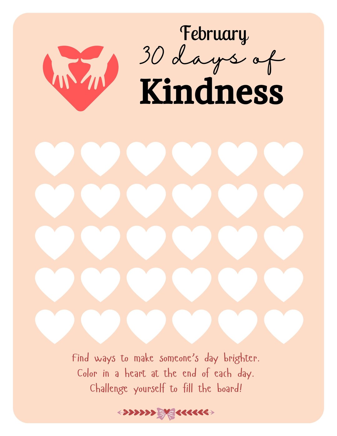 30 Days of Kindness February Challenge Color Board Digital Printable - Etsy
