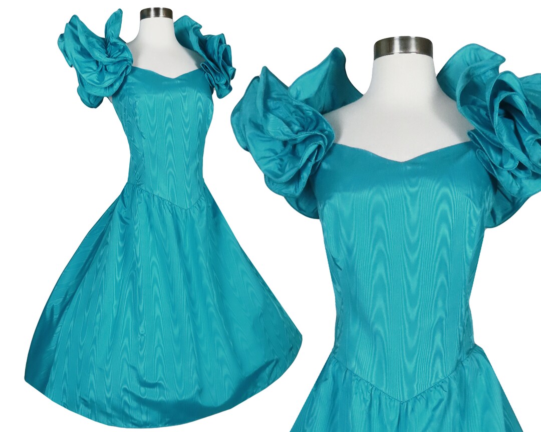 Vintage 80s Turquoise Light Blue Puff Ruffle Sleeve Long Full Skirt ...