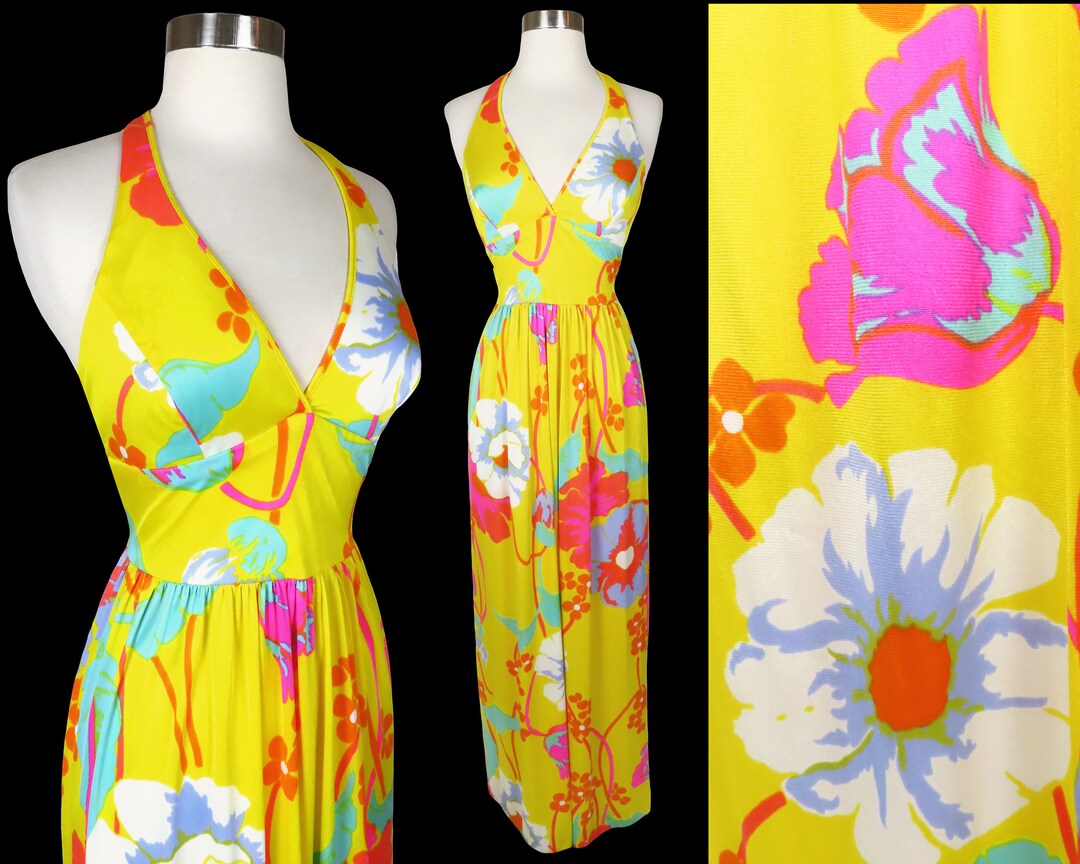 Vintage 60s 70s Cole of California Halter Maxi Sun Dress S Small Yellow ...