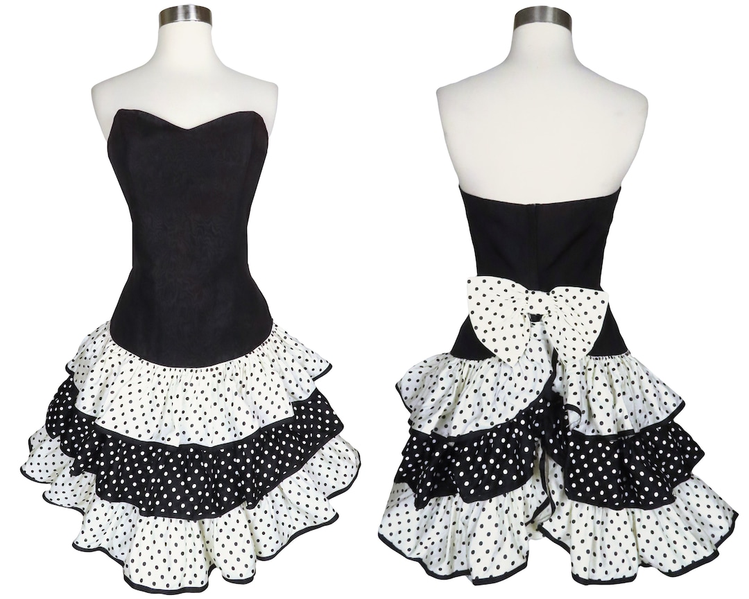 Vintage 80s Black White Strapless Polka Dot Tiered Full Skirt Prom ...