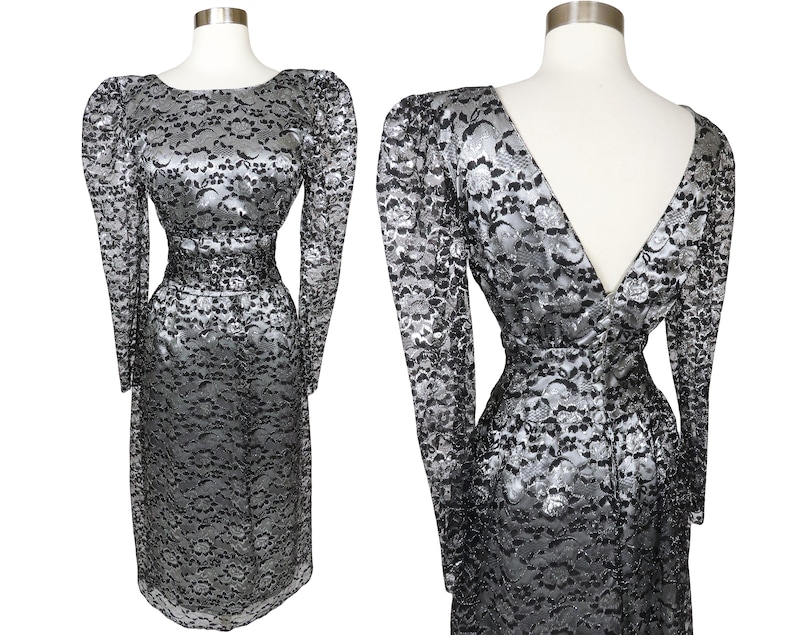 Vintage 80s Silver Grey Metallic Black Floral LACE Cocktail Party Prom ...
