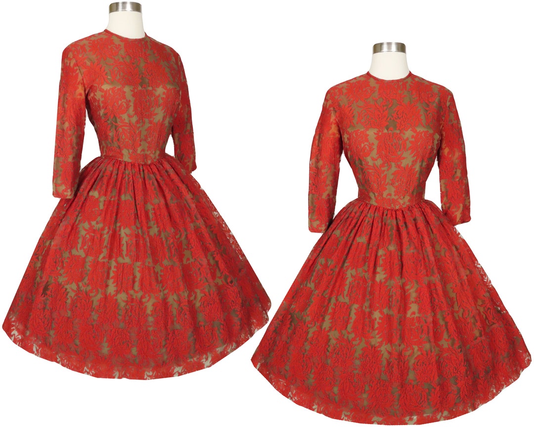 Vintage 50s 60s Fall Floral Print Full Skirt Party Dress XS Extra Small ...