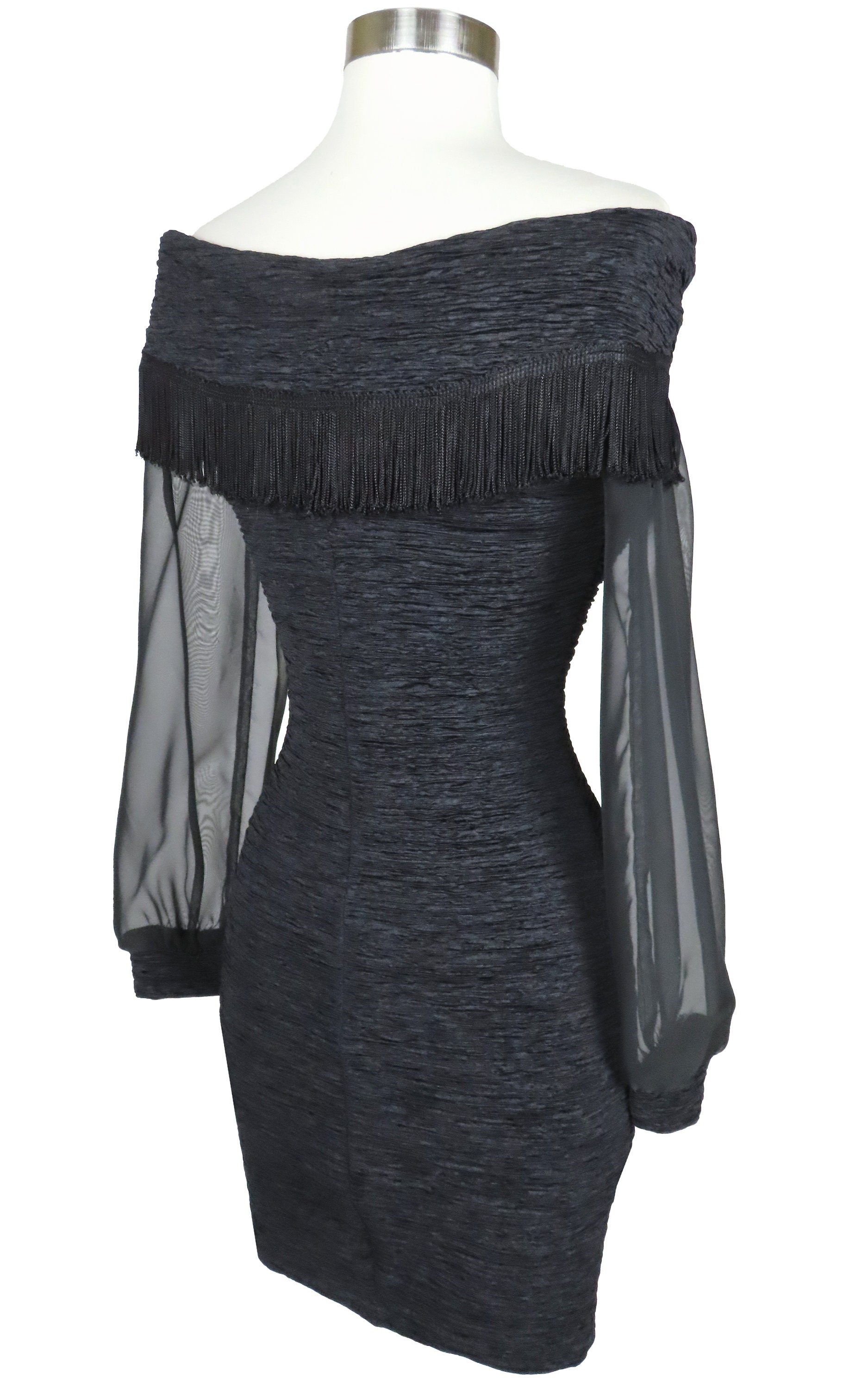 Vintage 80s 90s Black FRINGE Sheer Long Sleeve Bodycon Bandage Cocktail ...