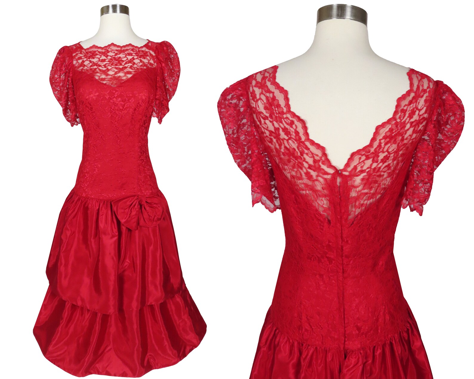 Vintage 80s Red Prom Party Dress M Lace Taffeta Tiered Full - Etsy