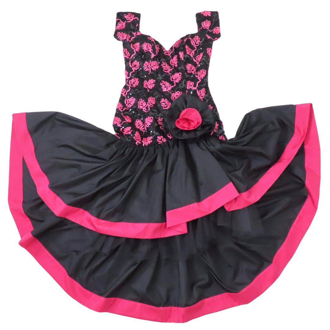 Vintage 80s Prom Party Dress S Small Black Pink Sequin Hi Lo Full Skirt ...