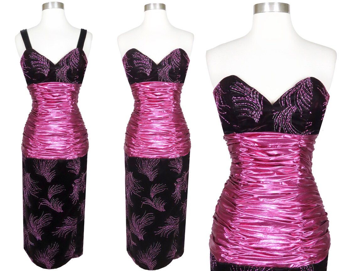 Vintage 80s Velvet METALLIC Pink Glitter Wiggle Cocktail Party Prom ...