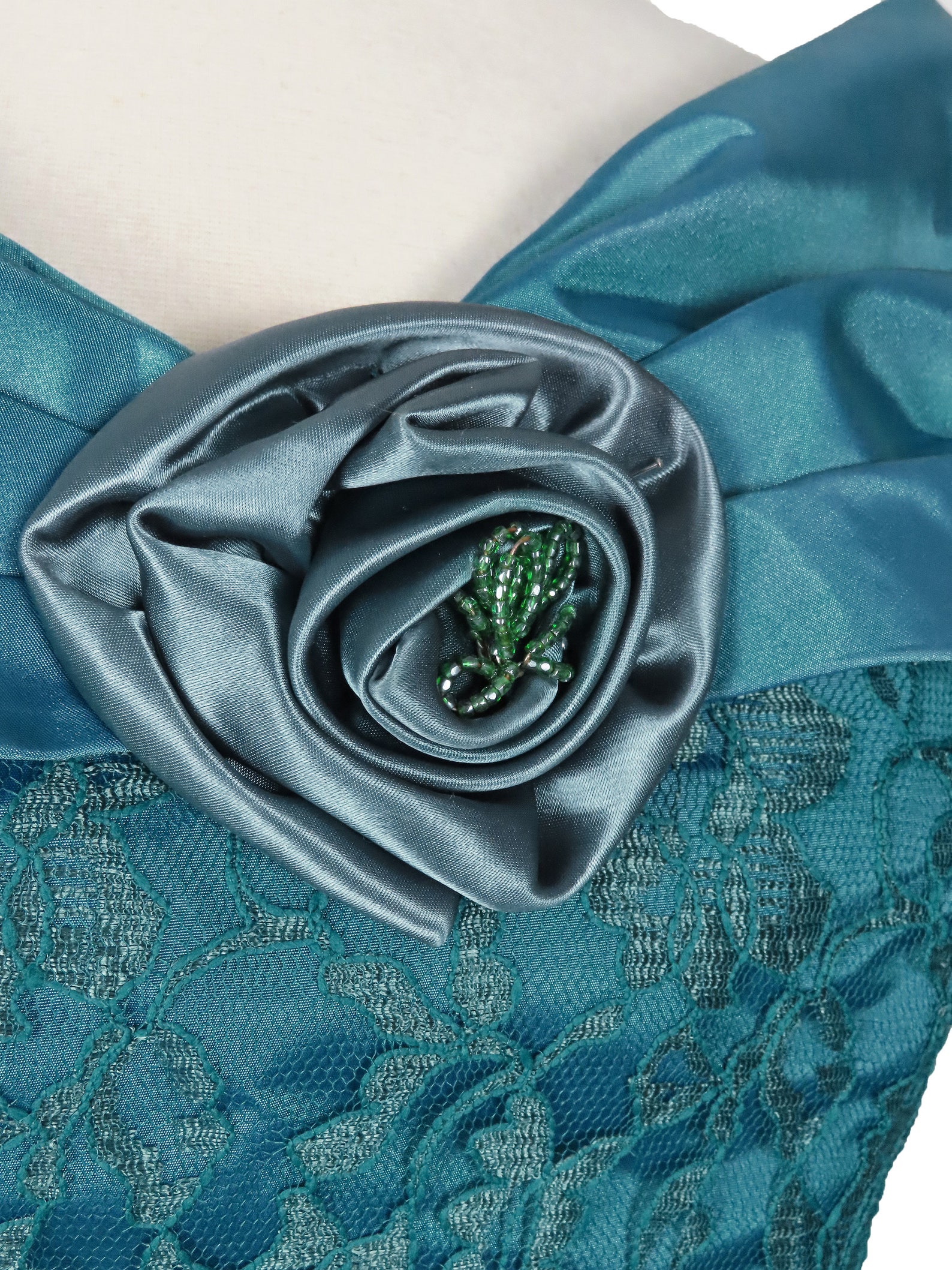 Vintage 80s Dark Teal Lace Taffeta Full Skirt Prom Party Dress S Small ...