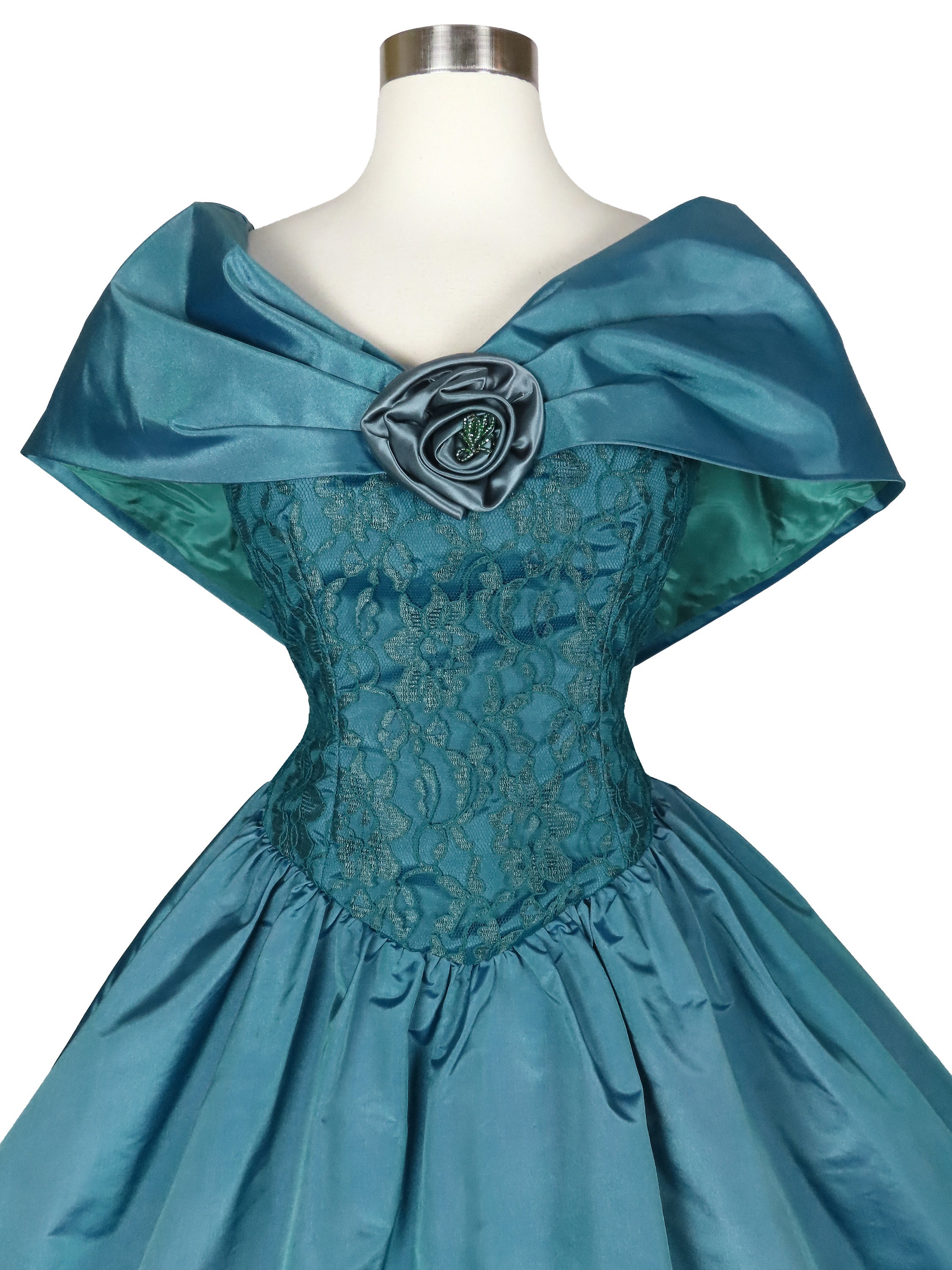 Vintage 80s Dark Teal Lace Taffeta Full Skirt Prom Party Dress S Small ...