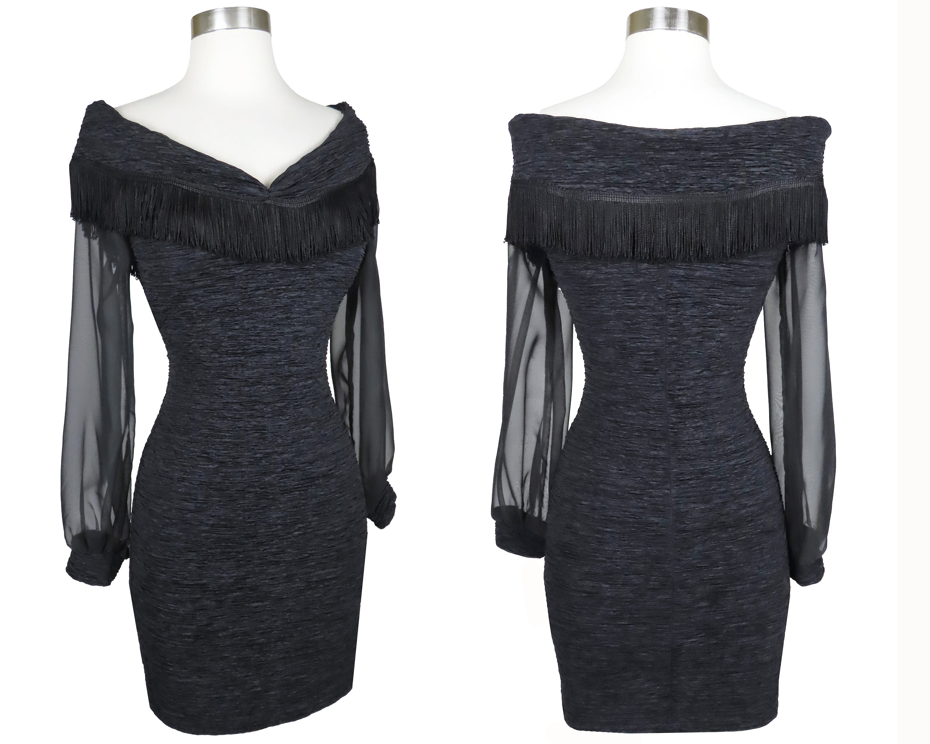 Vintage 80s 90s Black FRINGE Sheer Long Sleeve Bodycon Bandage Cocktail ...
