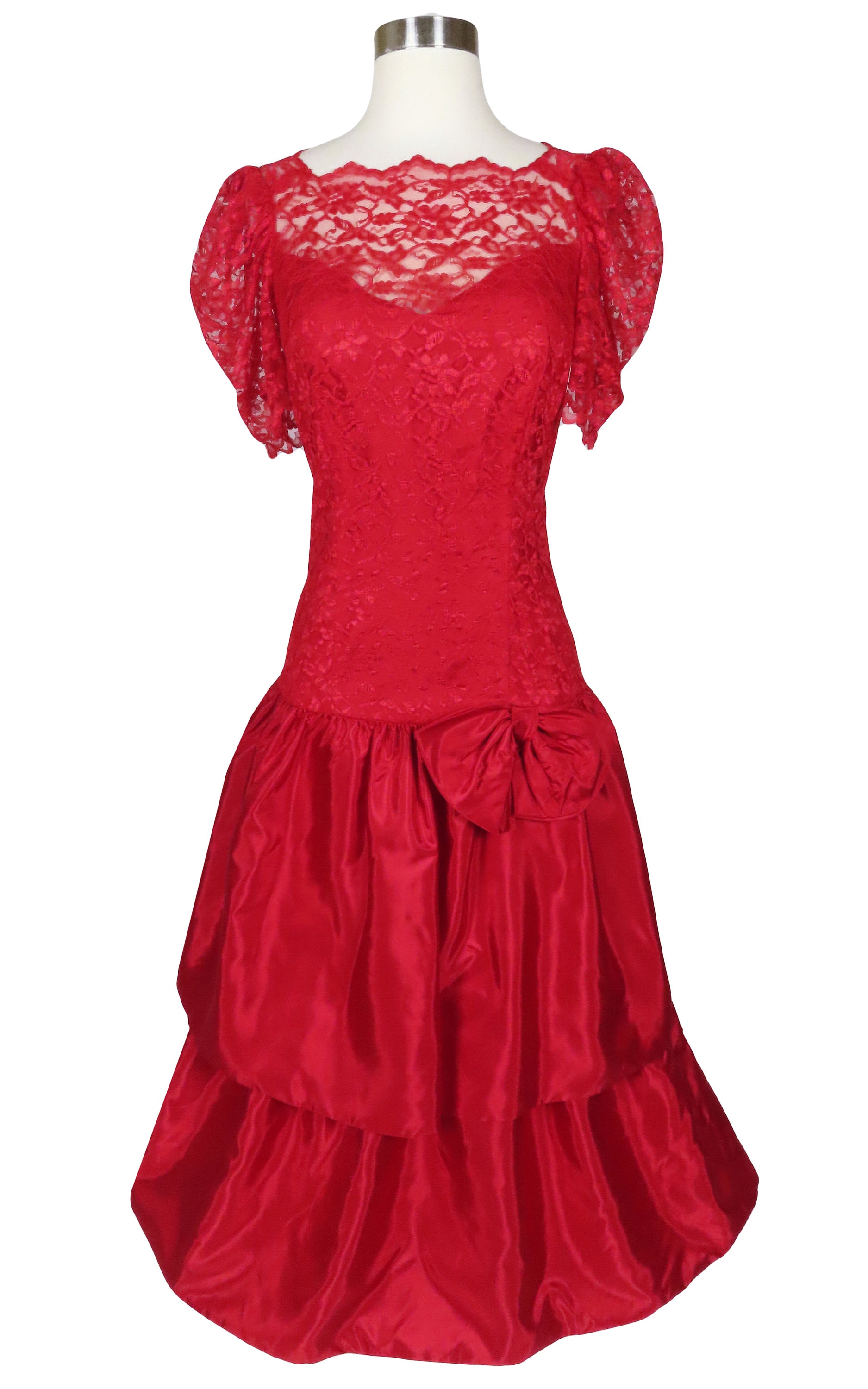 Vintage 80s Red Prom Party Dress M Lace Taffeta Tiered Full - Etsy