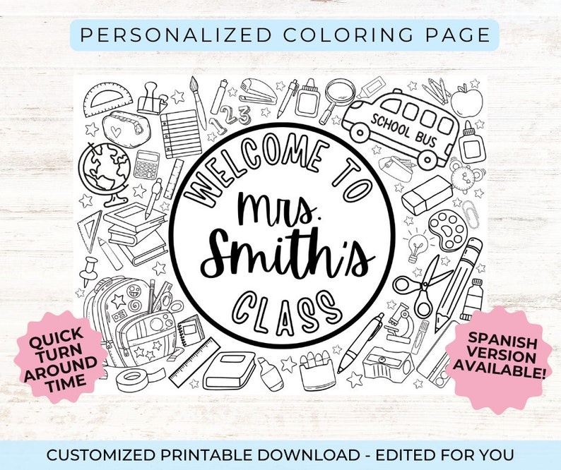 Back to School Coloring Sheet, Customized With Teacher Name, Back to ...