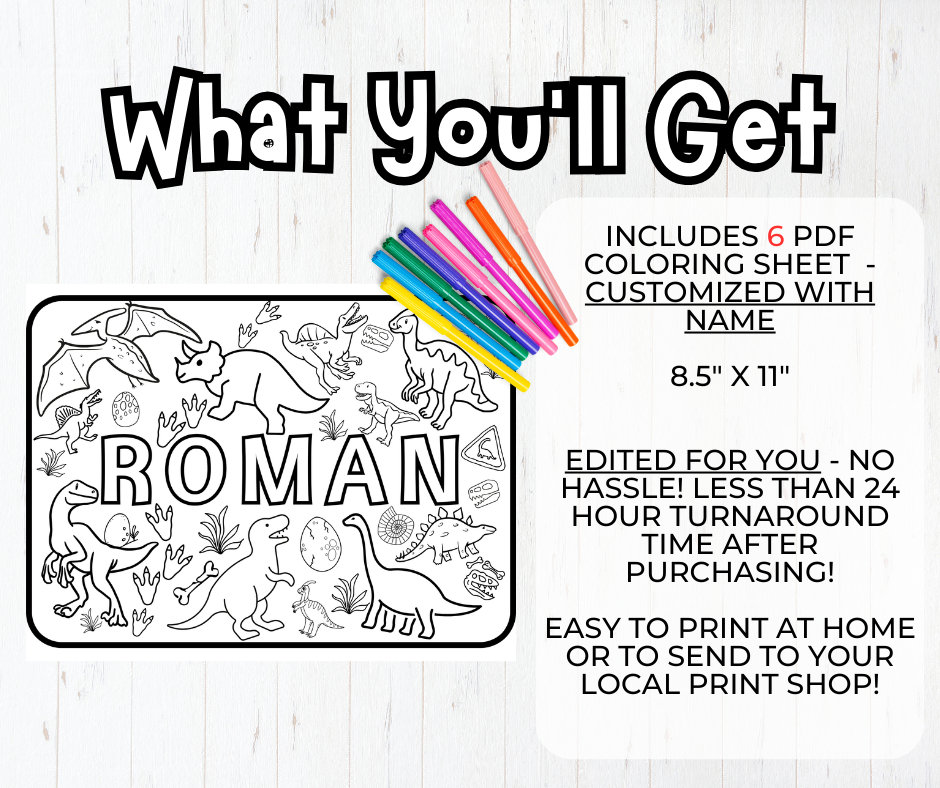Dinosaur Coloring Pages, Personalized Coloring Pages, Dinosaur Theme ...