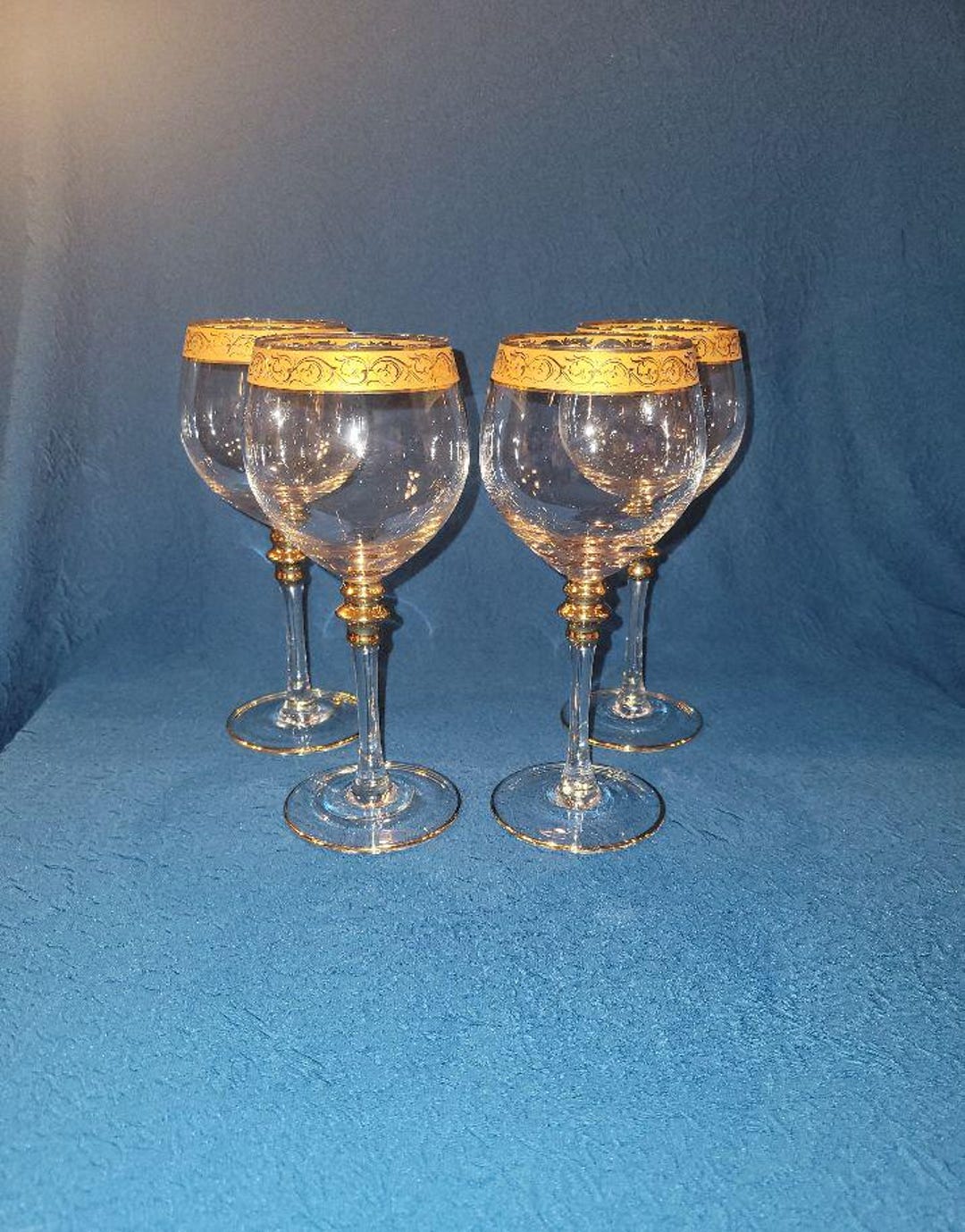 Set of 4 Vintage Gold Banded Crystal Wine Goblets or Glasses Wide ...