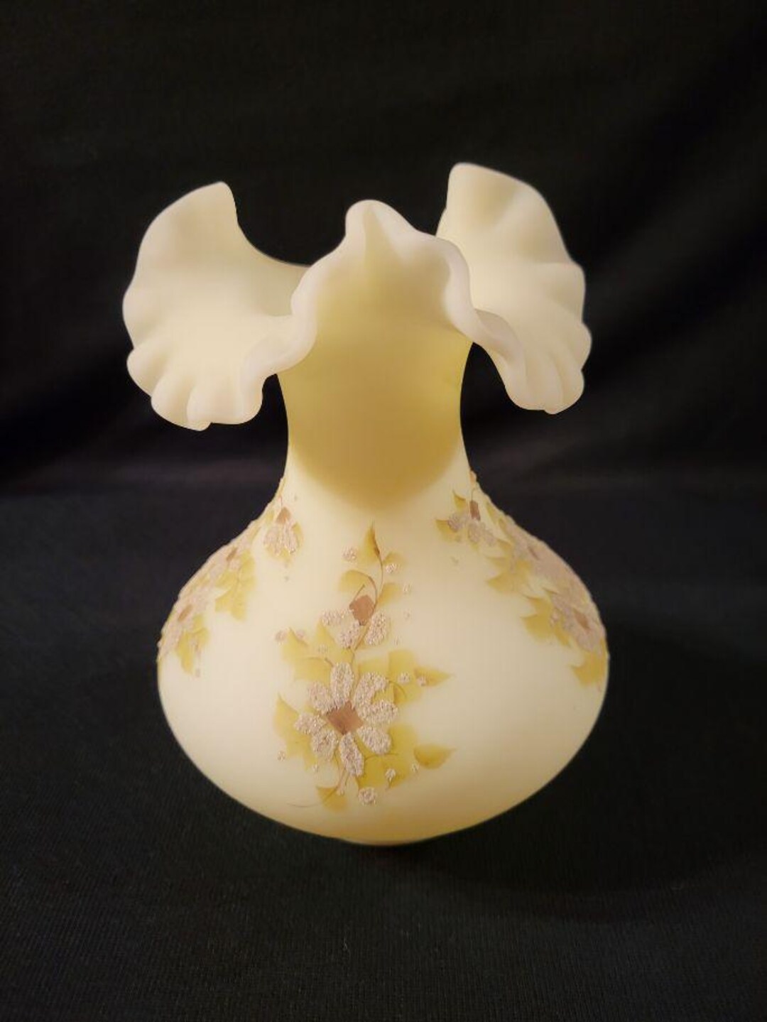 Vintage Fenton Glass Satin Uranium Custard Vase Signed Corelene ...