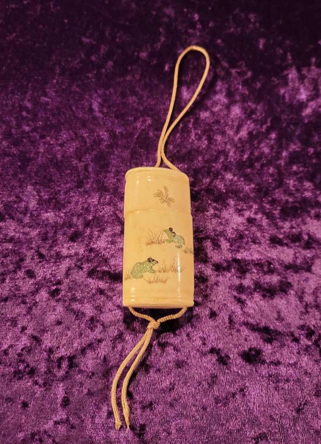 Antique Bovine Bone Japanese Inro Etched and Inlaid Frogs and Dragonfly ...