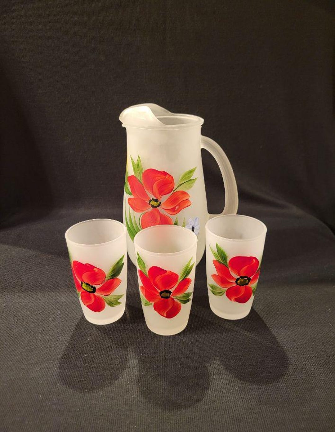 Vintage Set of Hand Painted Washington Glass Frosted Poppy Pitcher With ...