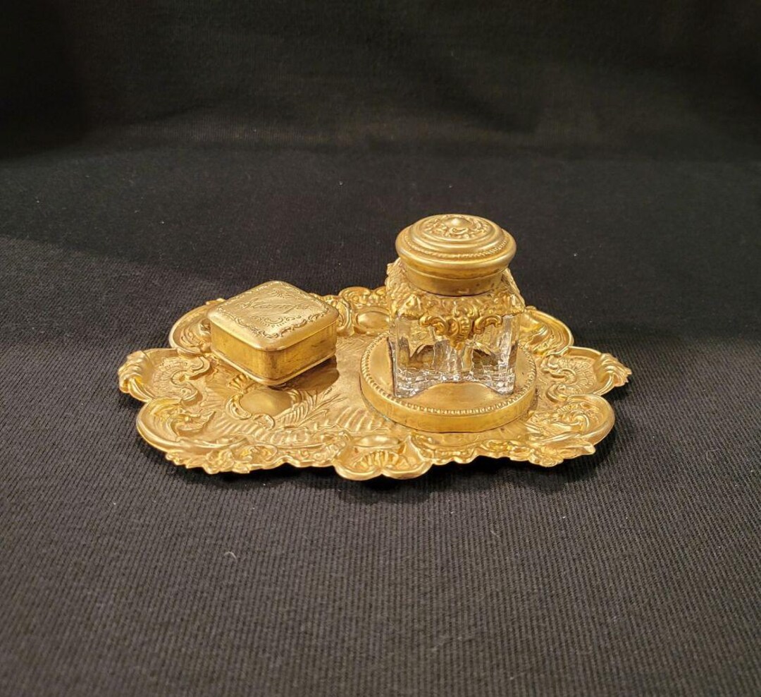 Antique Early 1900's Stamped Brass Inkwell, Tray, With Stamp Box - Etsy