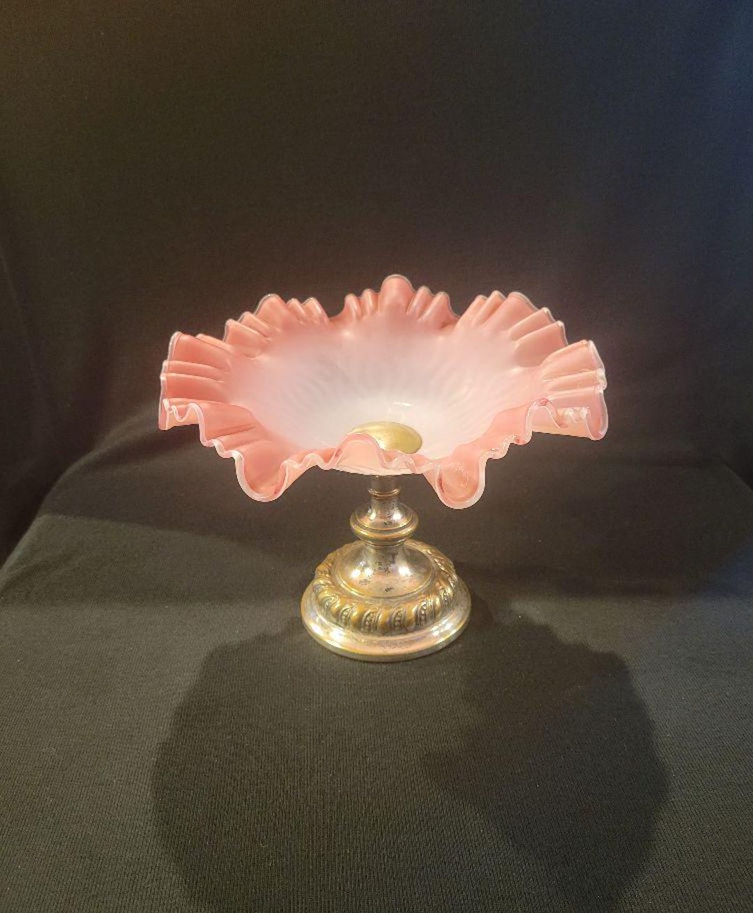 Antique Victorian Pink Satin Glass Compote With Ruffled Crest Top With ...