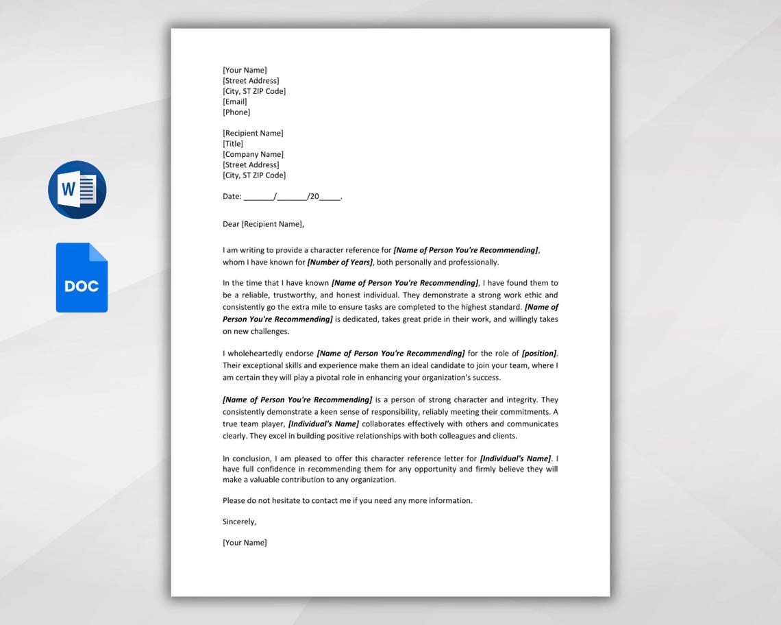 Professional Character Reference Letter Template. Printable Letter of ...