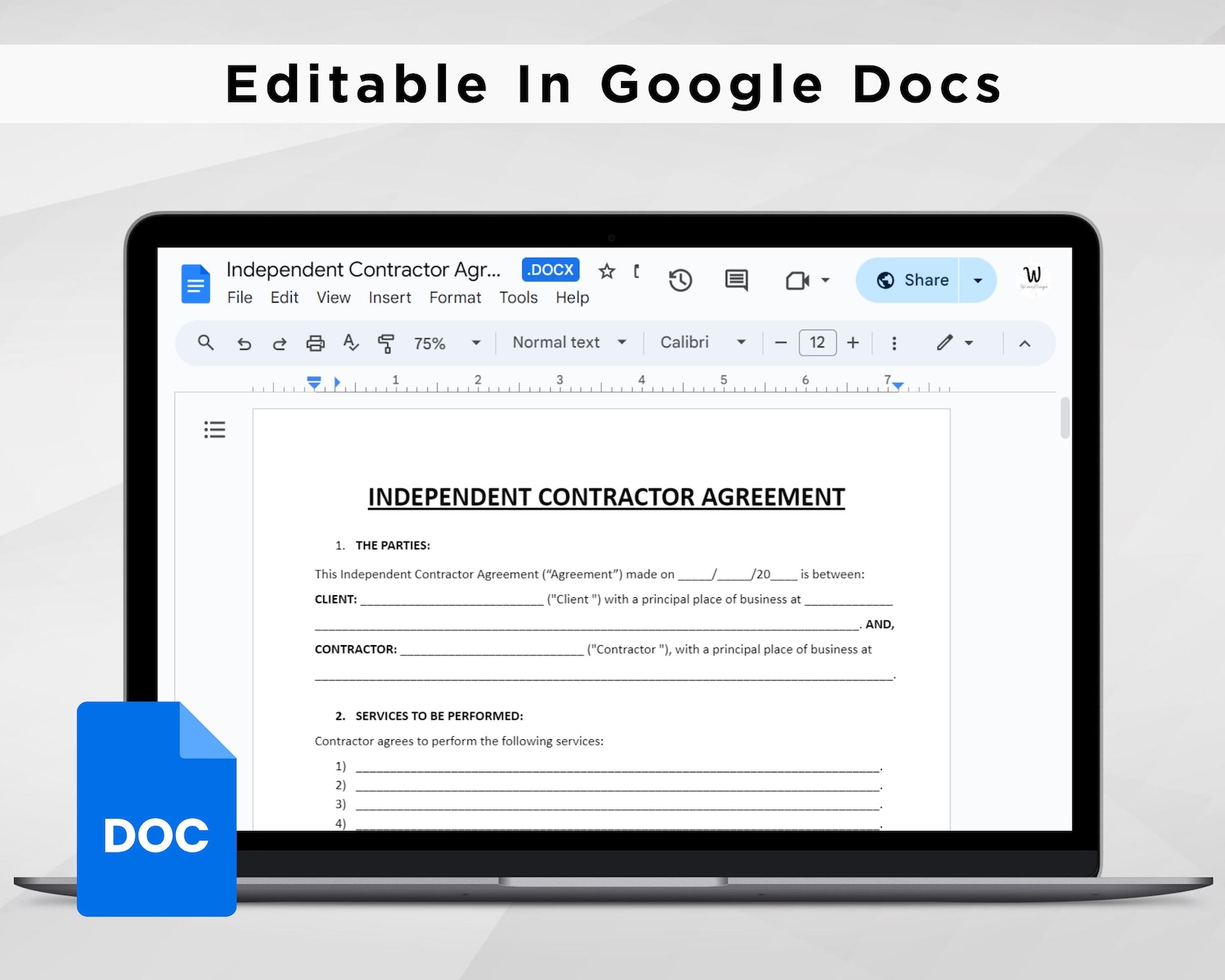 Independent Contractor Agreement Template Printable. Editable ...