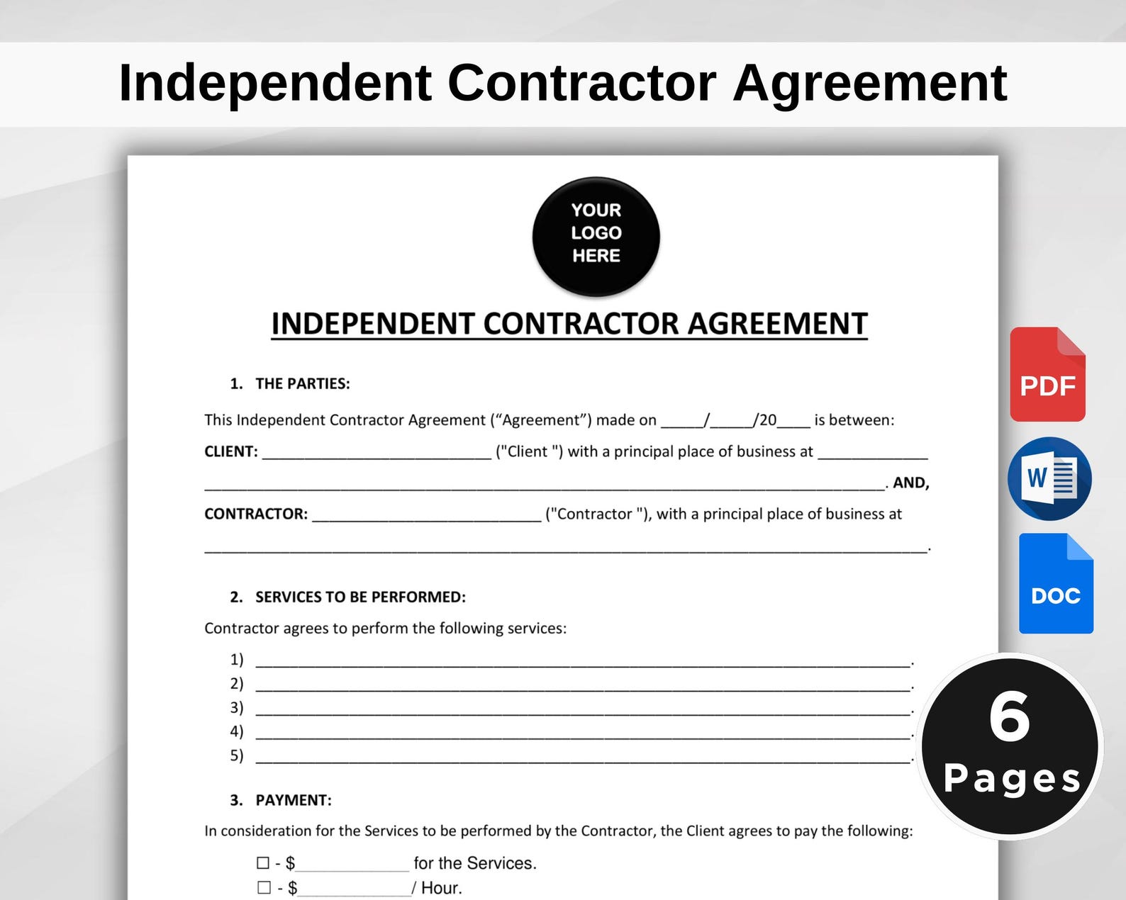 Independent Contractor Agreement Template Printable. Editable ...