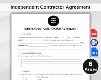 Printable Independent Contractor Agreement, Editable Business Contract ...