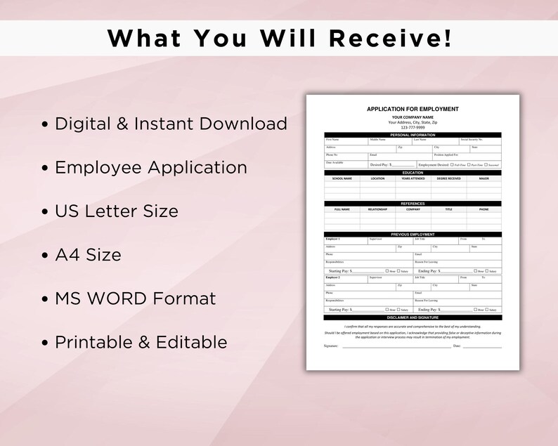 Job Application Template. Printable Employee Application. Application ...