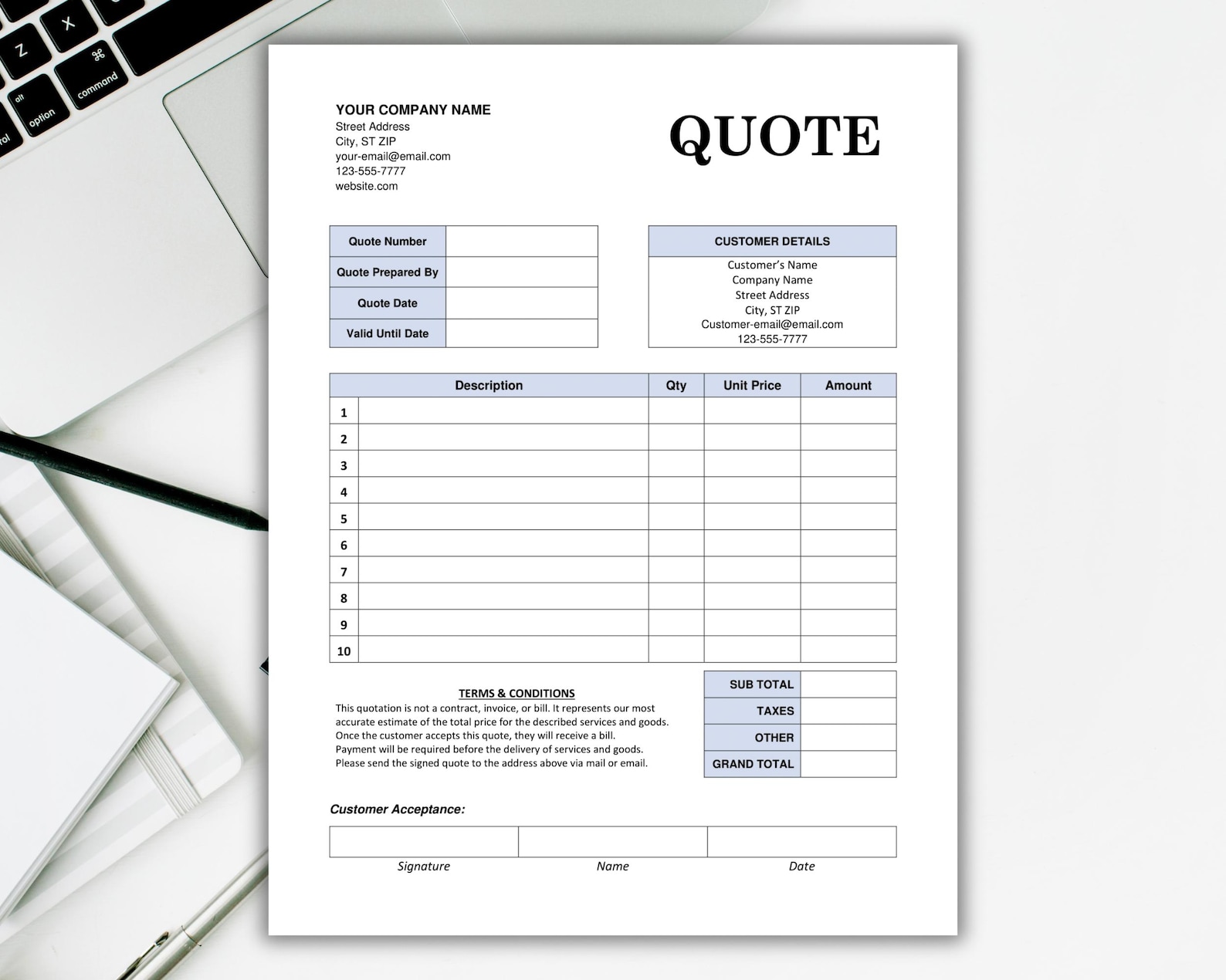 Editable Quote Template. Quote Form. Job Proposal. Job Quote for Small ...