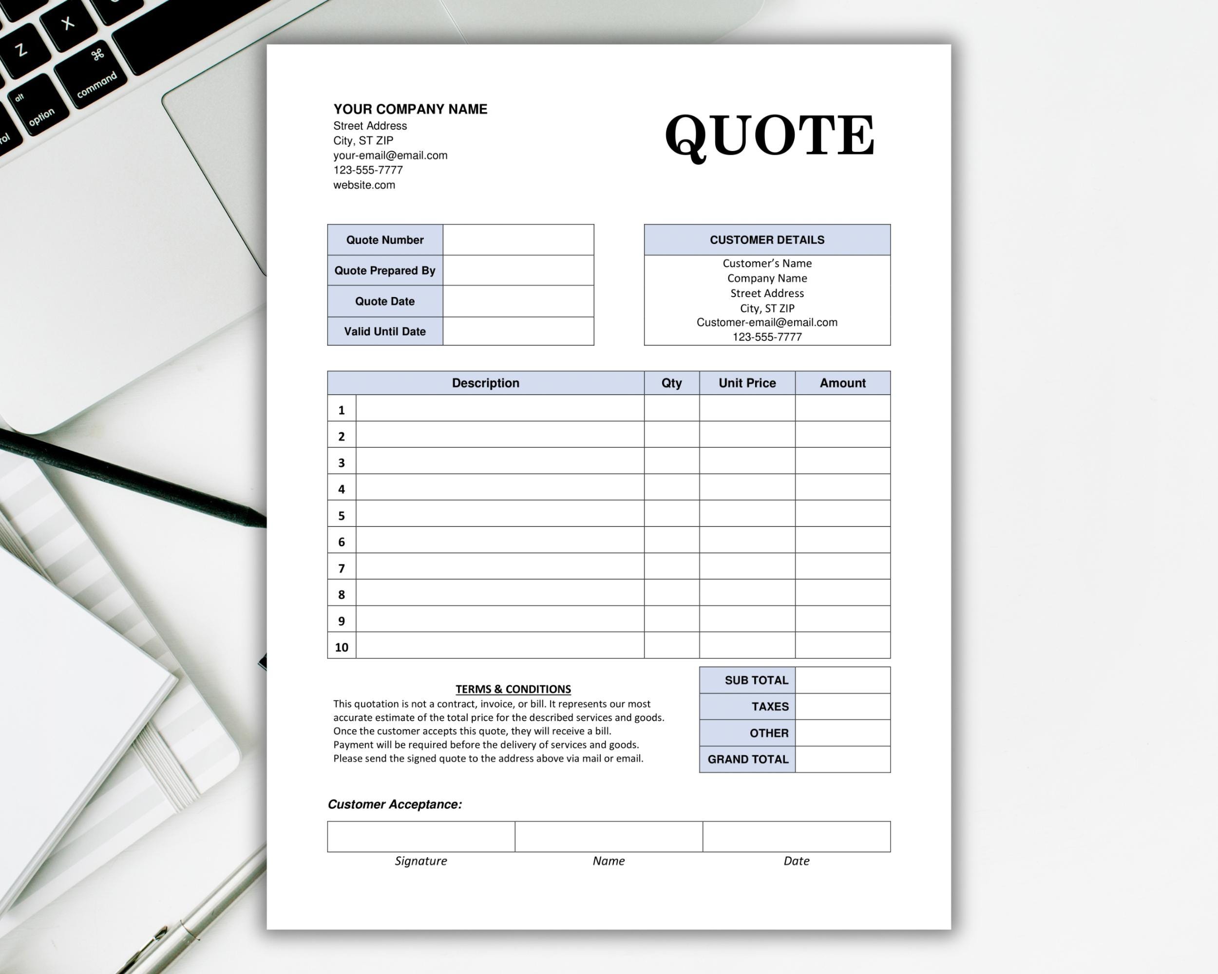 Editable Quote Template. Quote Form. Job Proposal. Job Quote for Small ...