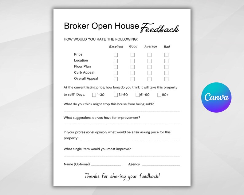 Broker Open House Feedback Form. Real Estate Agent Open House Feedback ...
