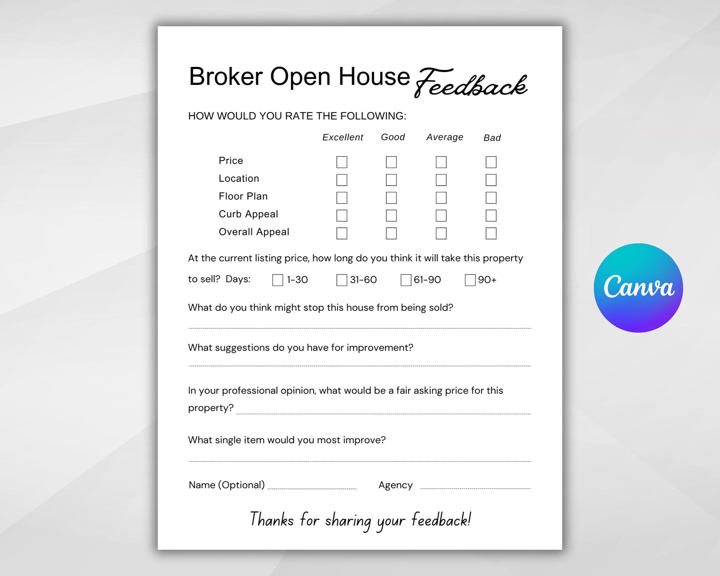 Broker Open House Feedback Form. Real Estate Agent Open House Feedback ...