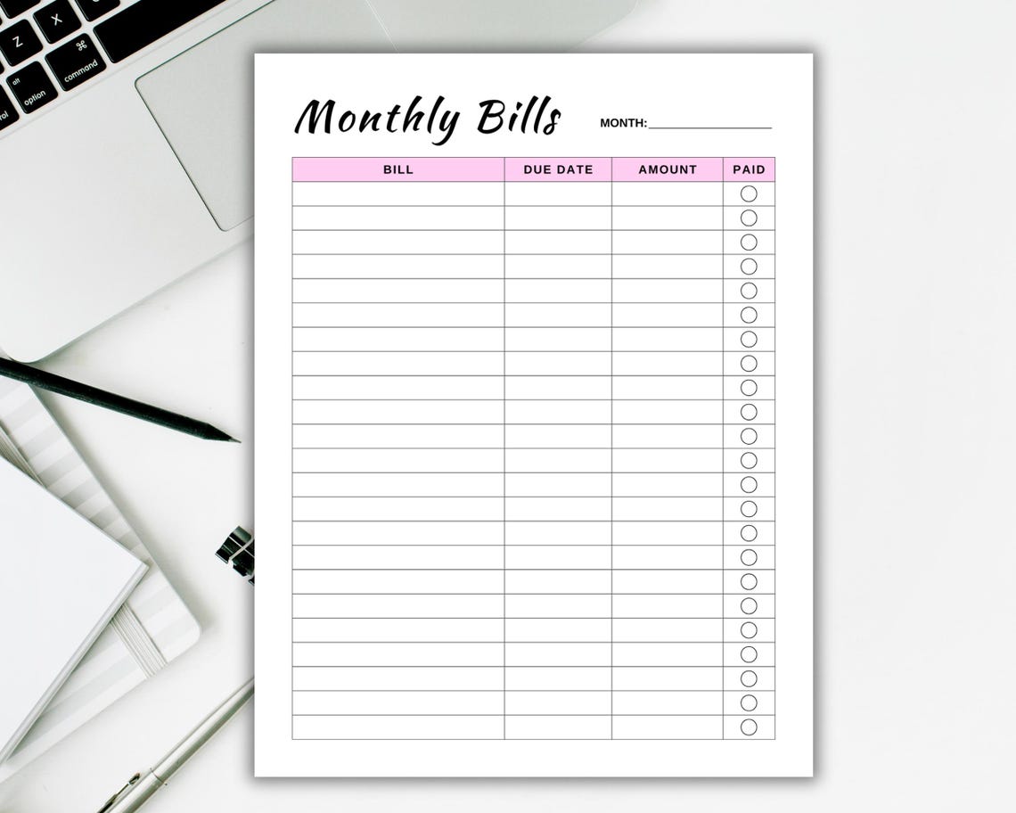 Printable Monthly Bill Log. Bill Planner. Bill Payment Checklist ...
