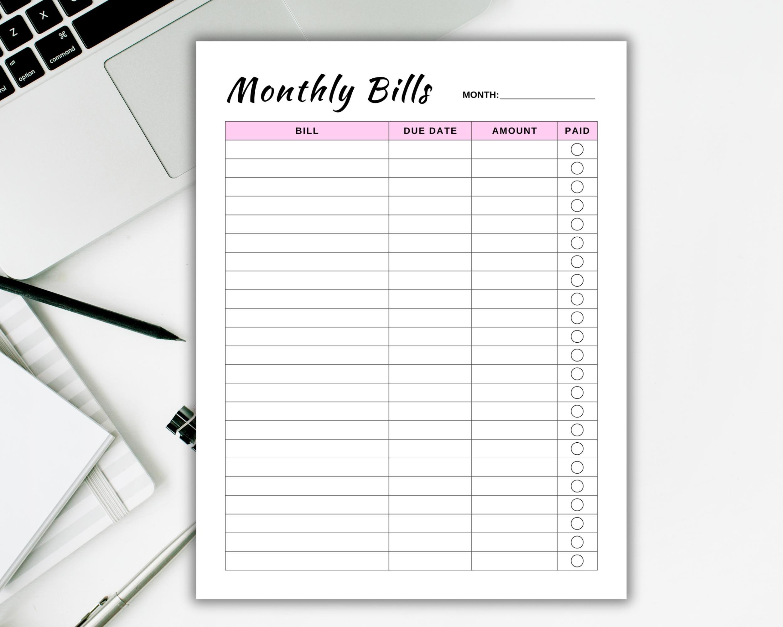 Printable Monthly Bill Log. Bill Planner. Bill Payment Checklist ...