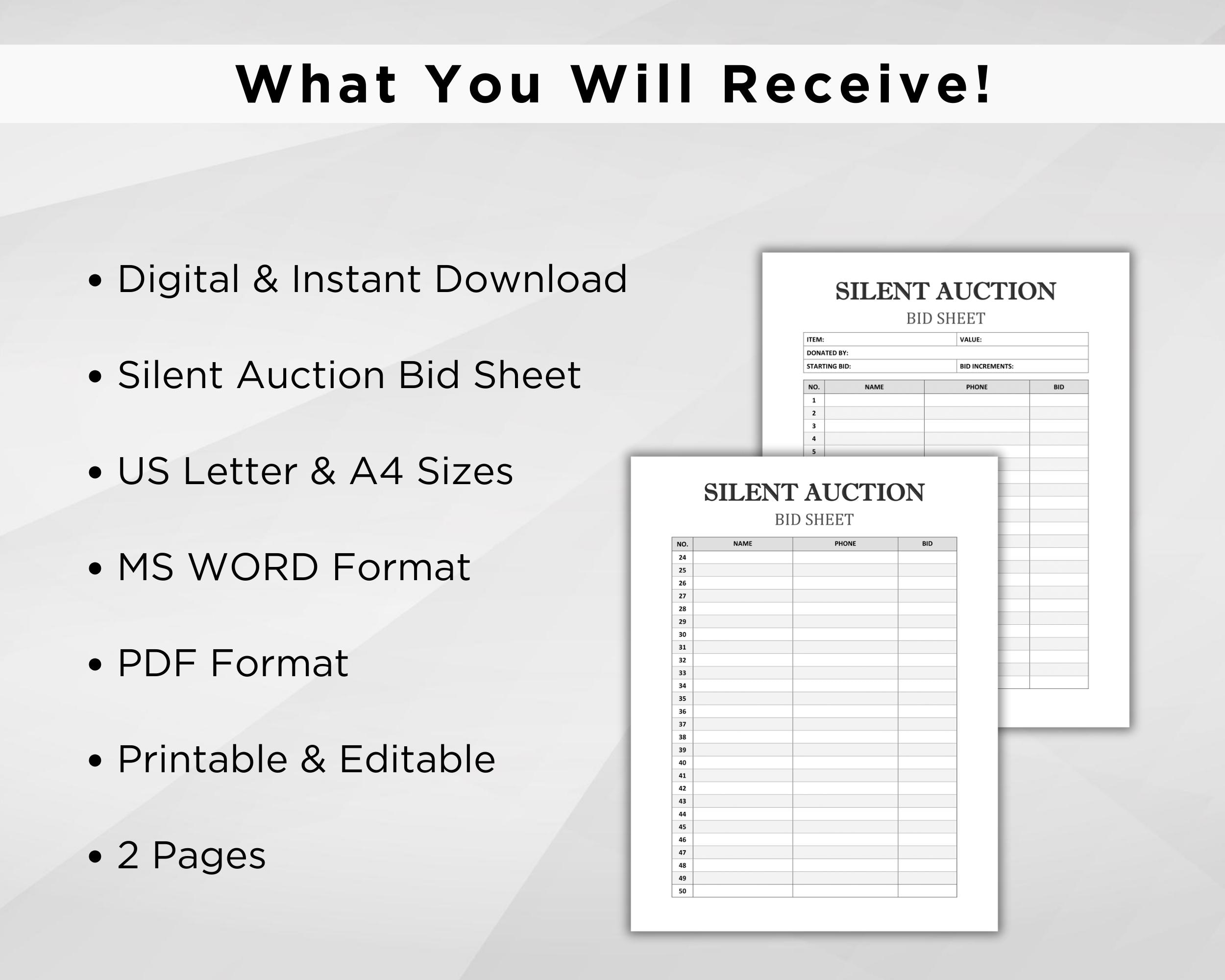 Editable Silent Auction Template Silent Auction Bid Sheet Silent ...