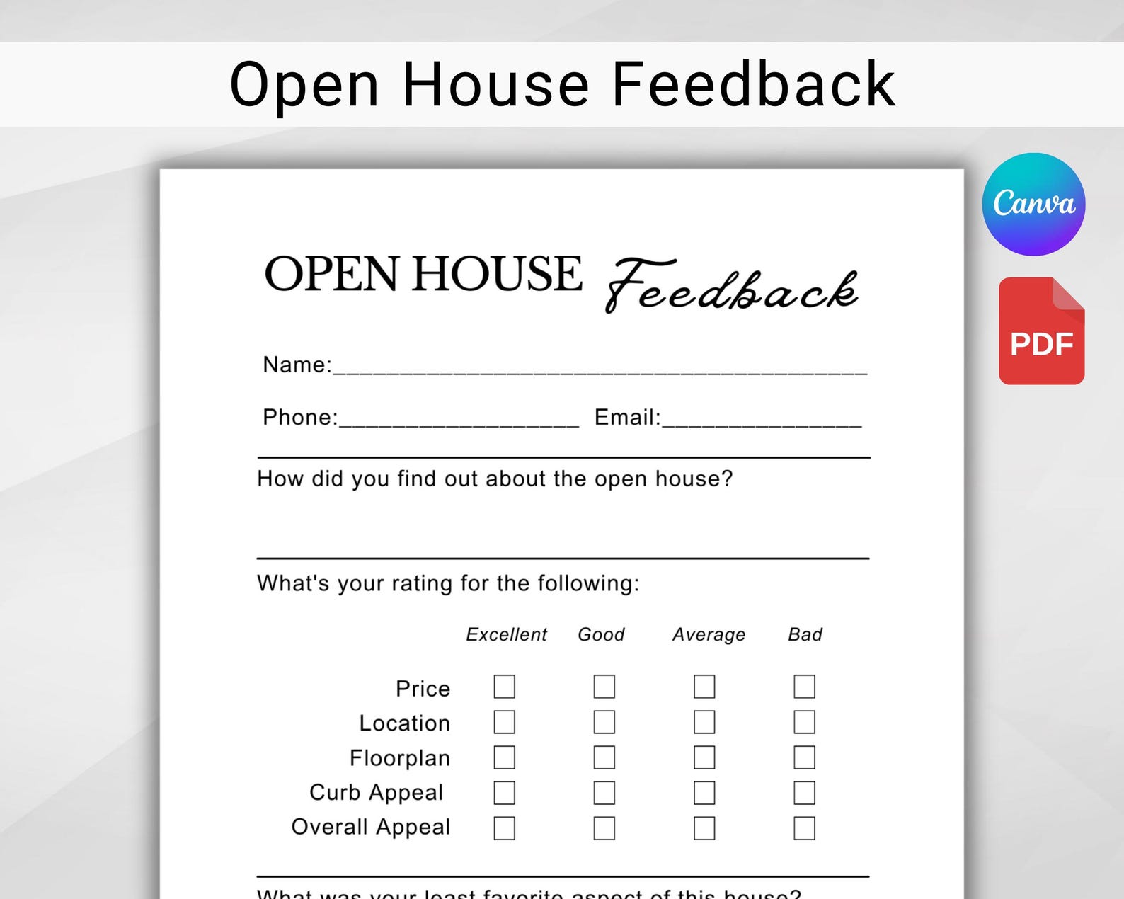 Open House Feedback Form. Printable Real Estate Open House ...