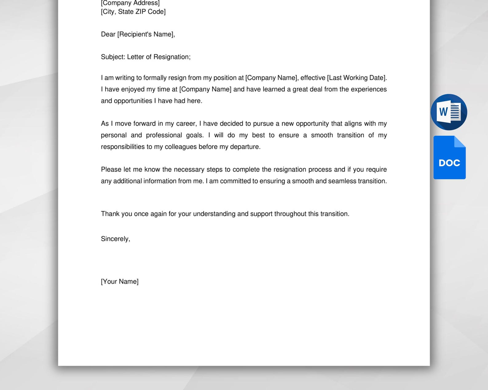 Professional Resignation Letter Template Letter of Resignation Template ...