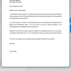 Professional Resignation Letter Template. Letter of Resignation ...