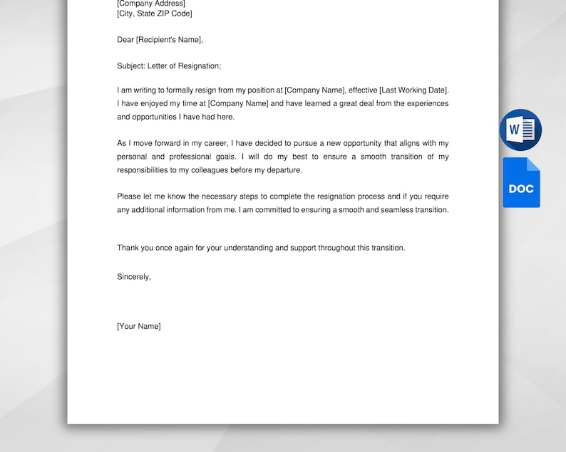 Professional Resignation Letter Template. Letter of Resignation ...