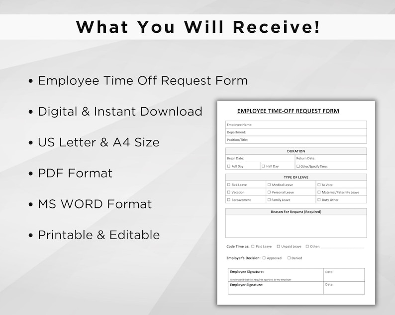 Employee Time-off Request Template Printable Vacation Request Form PTO ...