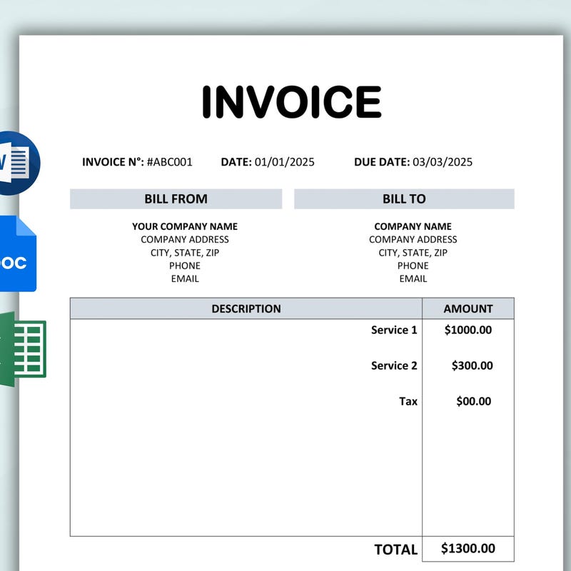 Printable Invoices Word - Etsy