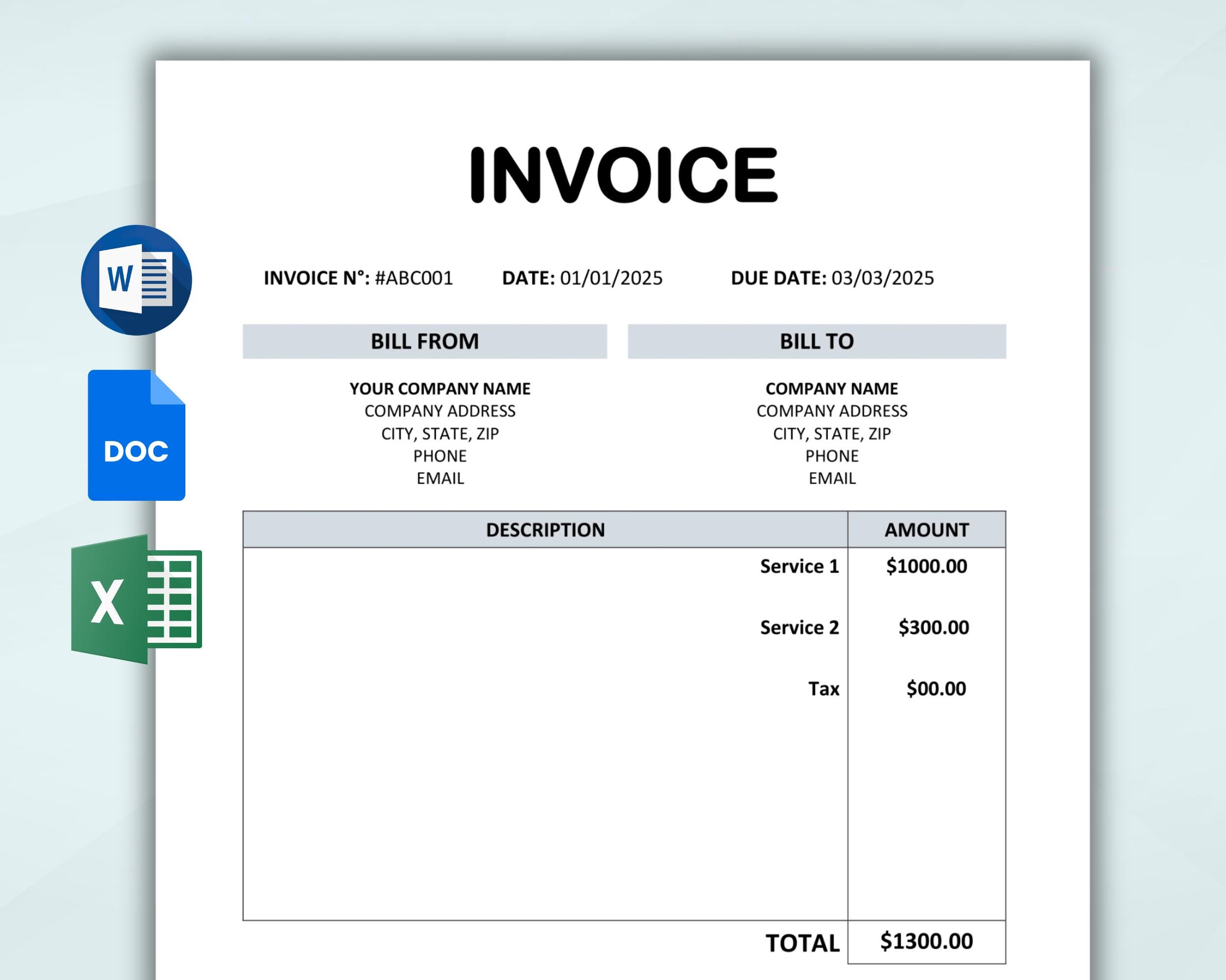 Editable Invoice Template. Printable Invoice Word. Custom Invoice Form ...