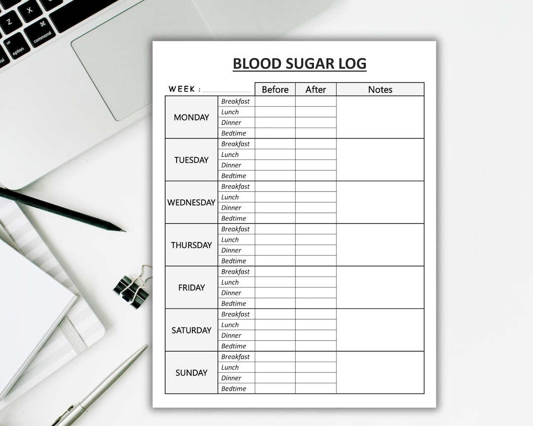 Printable Blood Sugar Log, Daily Diabetic Log, Blood Sugar Reading ...