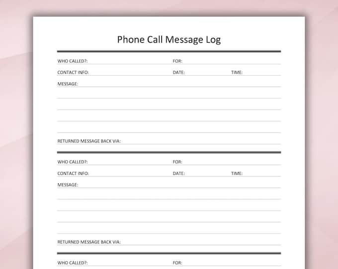 Phone Call Message Log Printable, Voicemail Tracker, Answering Machine Record, Message Planner ...
