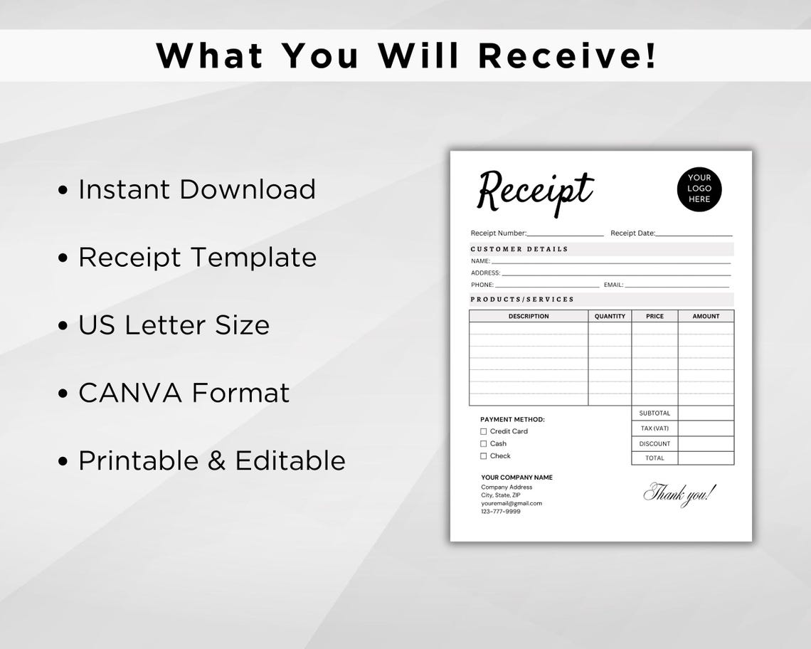Editable Receipt Template. Small Business Digital Receipt. Receipt Form ...