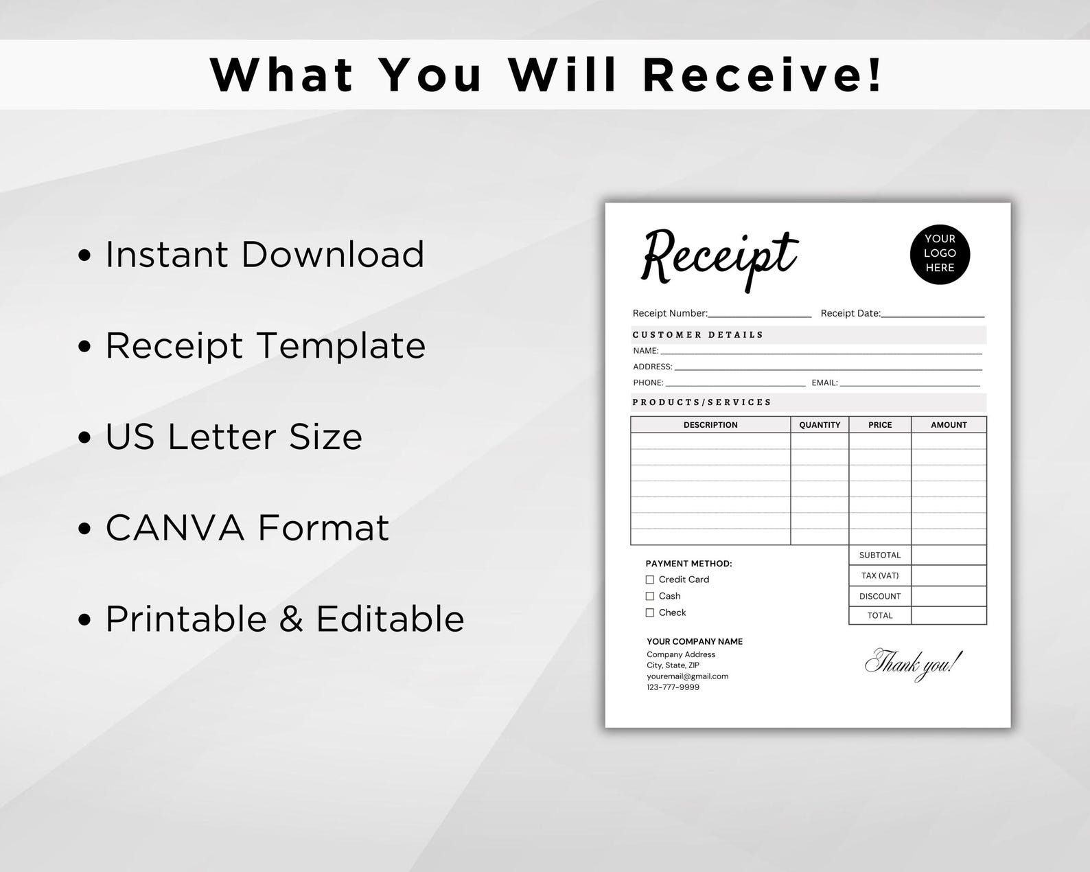 Editable Receipt Template. Small Business Digital Receipt. Receipt Form ...