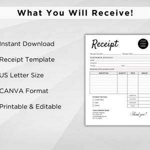 Editable Receipt Template. Small Business Digital Receipt. Receipt Form ...
